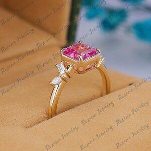 Asscher Cut Pink Sapphire Engagement Ring Solid Yellow Gold Bridal Ring ...
