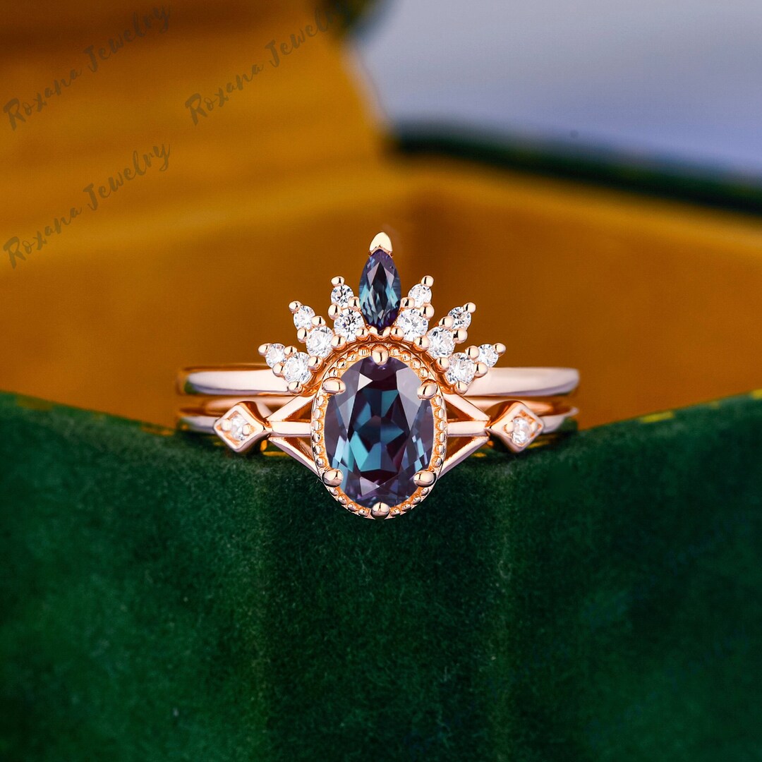 Vintage Oval Alexandrite Engagement Ring Set Bridal Sets Women Rose ...