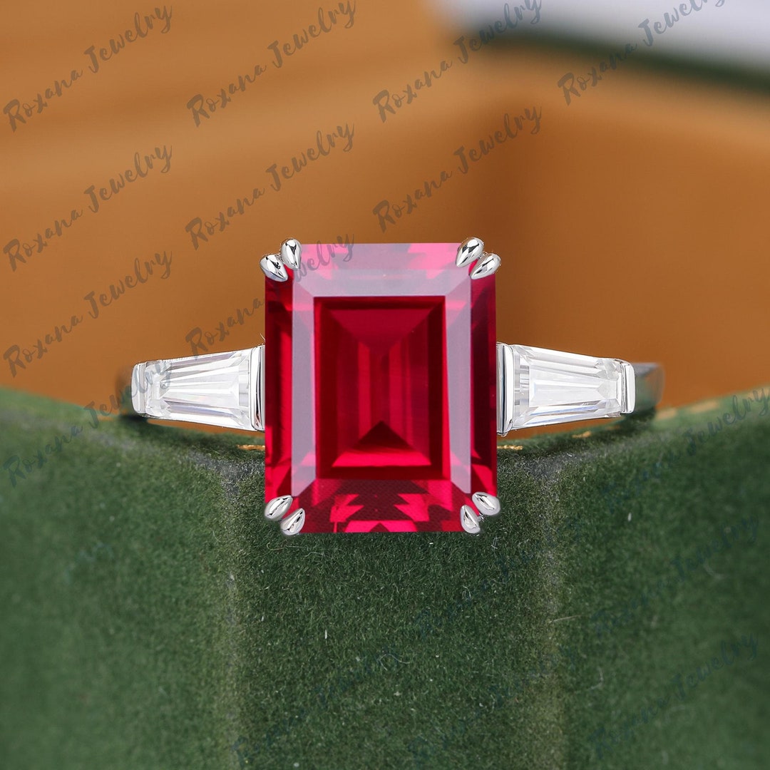 Vintage Red Ruby Engagament Ring Moissantie Three Stone Ring Solid White Gold Ring Anniversary ...