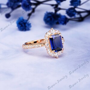 Solid Gold Blue Sapphire Ring 68mm Lab Created Sapphire Engagement Ring ...