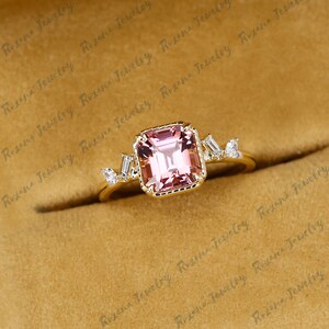 Asscher Cut Pink Sapphire Engagement Ring Solid Yellow Gold Bridal Ring ...