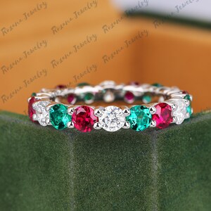 Red Ruby Wedding & Moissanite Band Green Emerald Band Full Eternity ...