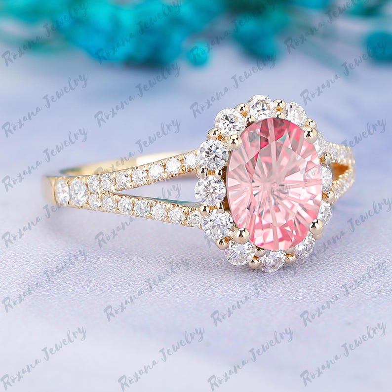 14K Gold - Firework Cut Lab Pink Sapphire Wedding Ring, Moissanite Halo ...