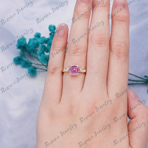 Asscher Cut Pink Sapphire Engagement Ring Solid Yellow Gold Bridal Ring ...