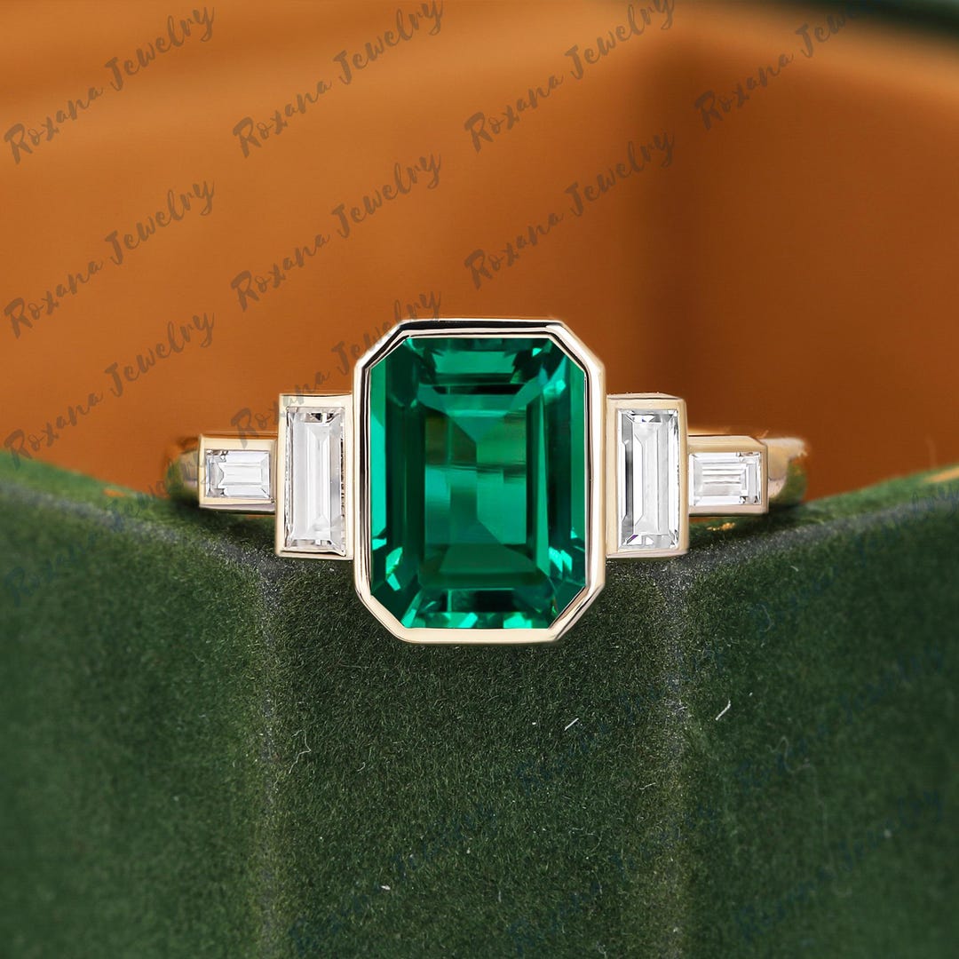 Green Emerald Engagement Ring Gemstone Bridal Ring Solid Yellow Gold ...