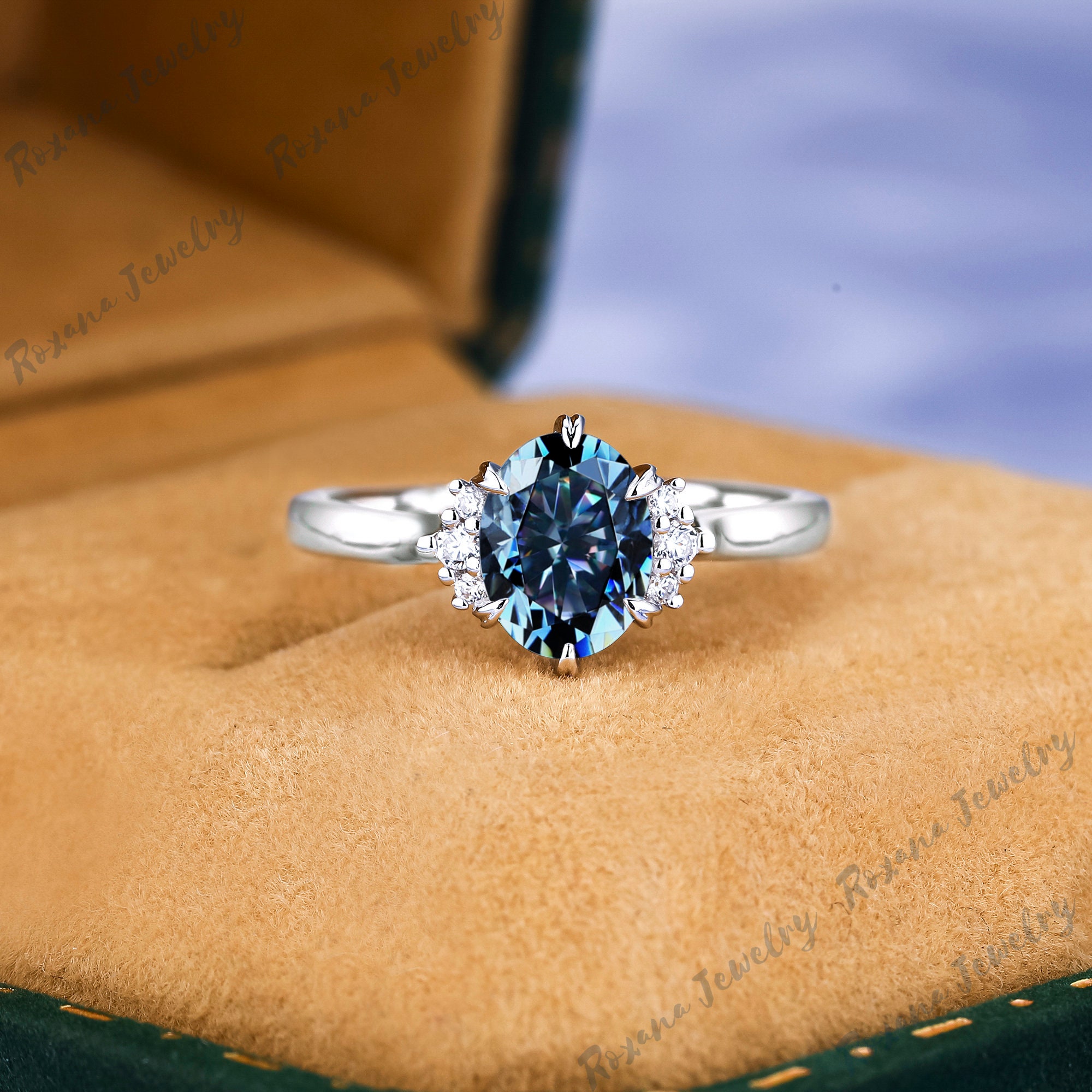 Oval Blue Grey Moissanite Engagement Ring Solid 14K White Gold Ring ...
