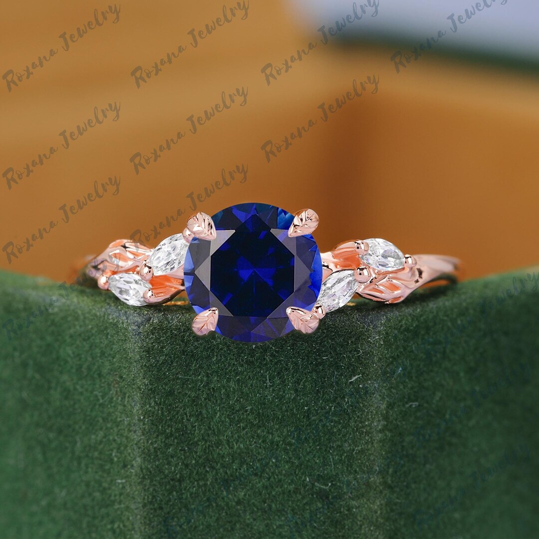 Round Cut Blue Sapphire Engagement Ring Blue Gemstone Bridal Ring ...
