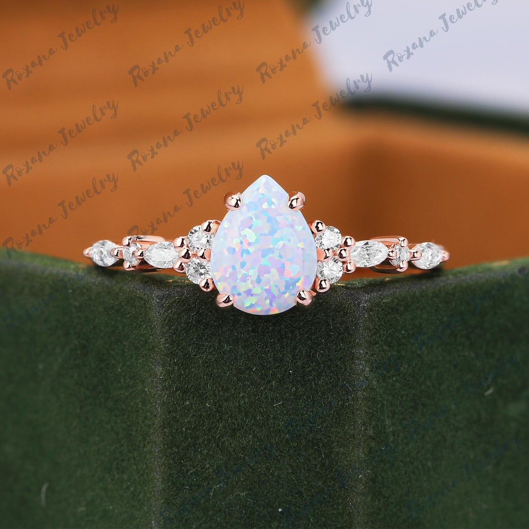 Teardrop Shape Lab Opal Engagement Ring Solid Rose Gold Ring Moissanite ...