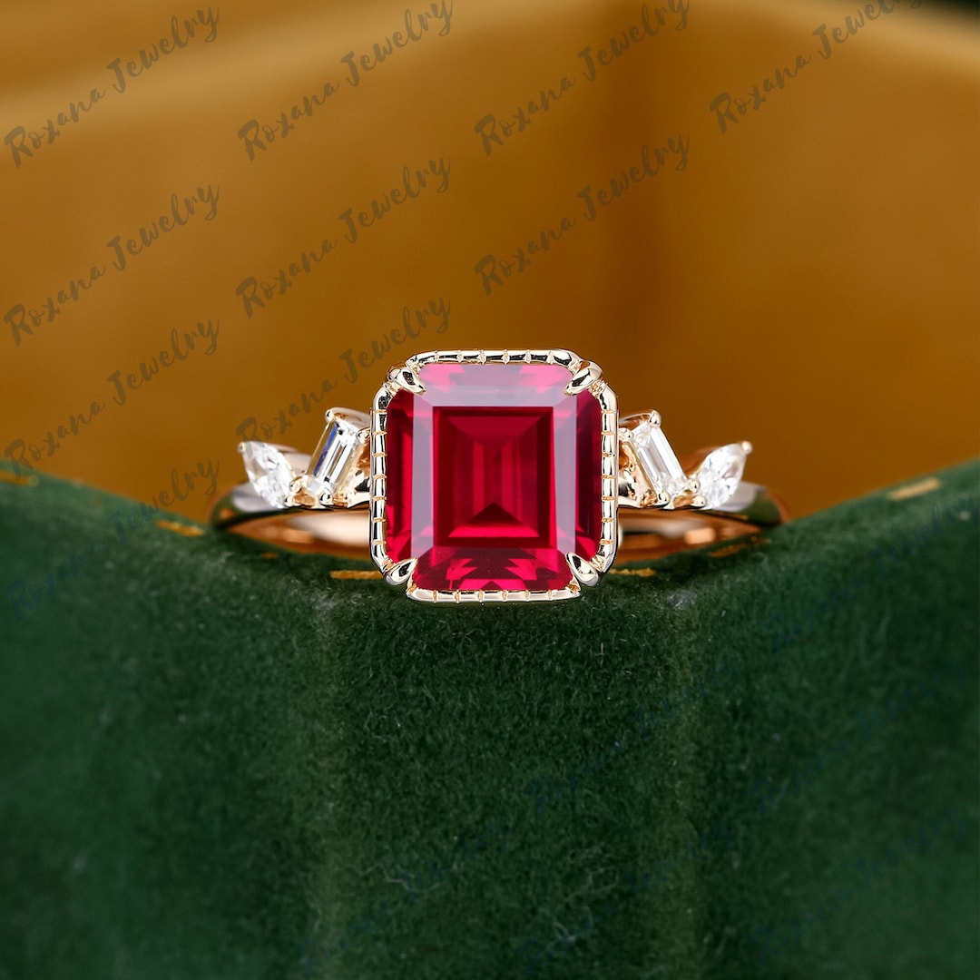 Unique Asscher Cut Red Ruby Engagement Ring July Birthstone 14k Solid ...