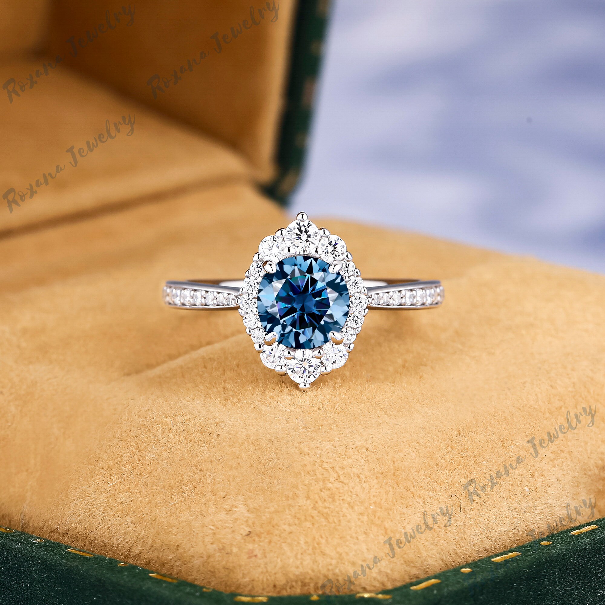 Blue Grey Moissanite Engagement Ring Solid White Gold Moissanite Halo ...