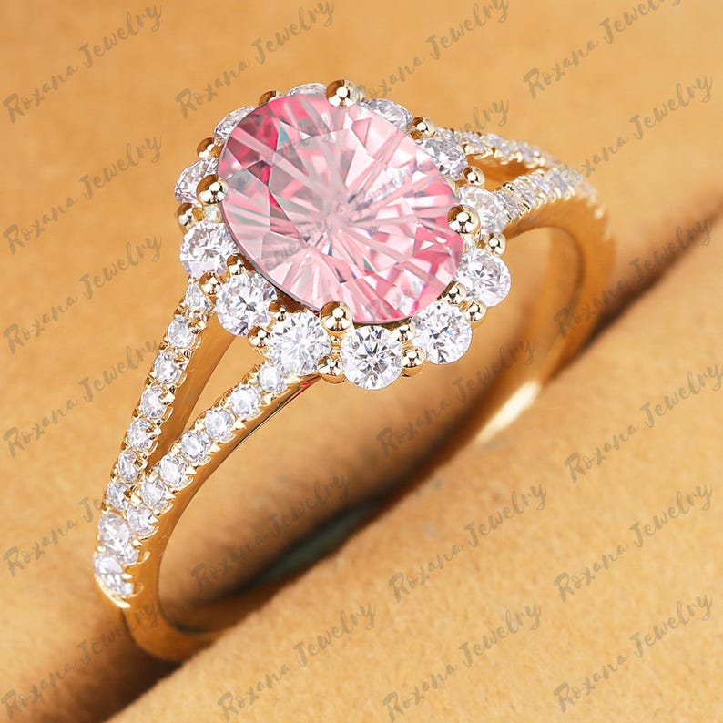 14K Gold - Firework Cut Lab Pink Sapphire Wedding Ring, Moissanite Halo ...