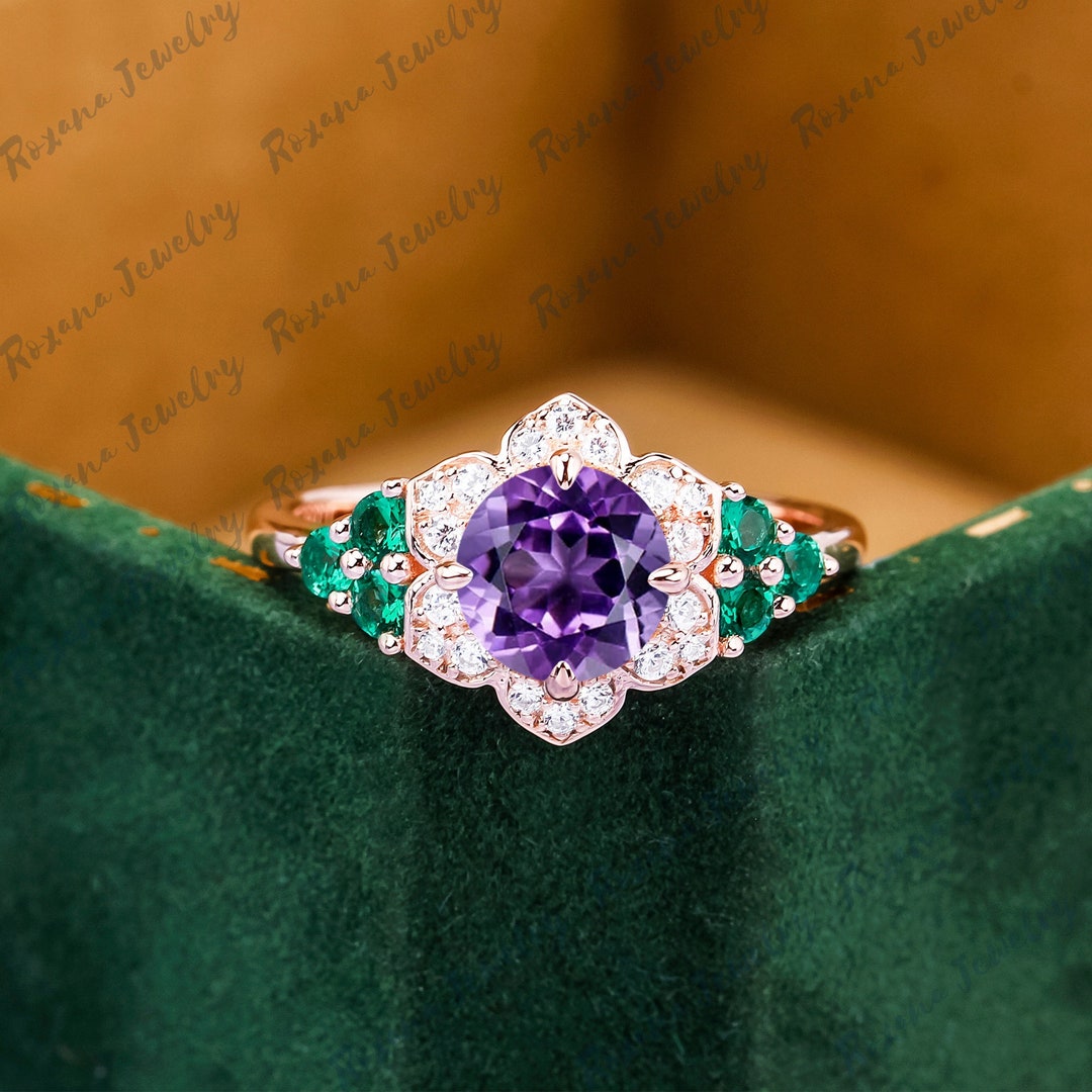 Unique Flower Design Solid Gold Ring Round Shape Natural Amethyst ...