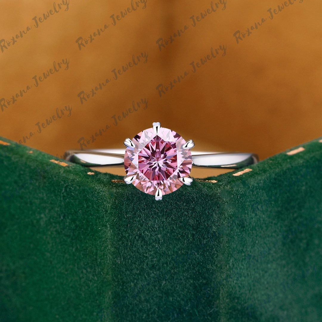 Round Cut Pink Moissanite Engagement Ring 14k Solid White Gold 6-prong ...