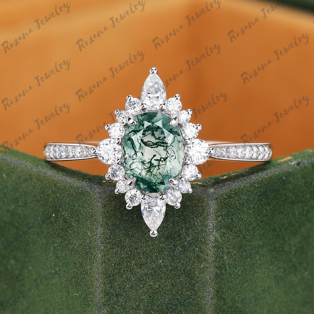 Oval Natural Moss Agate Solid Gold Ring Moissanite Halo Starburst ...