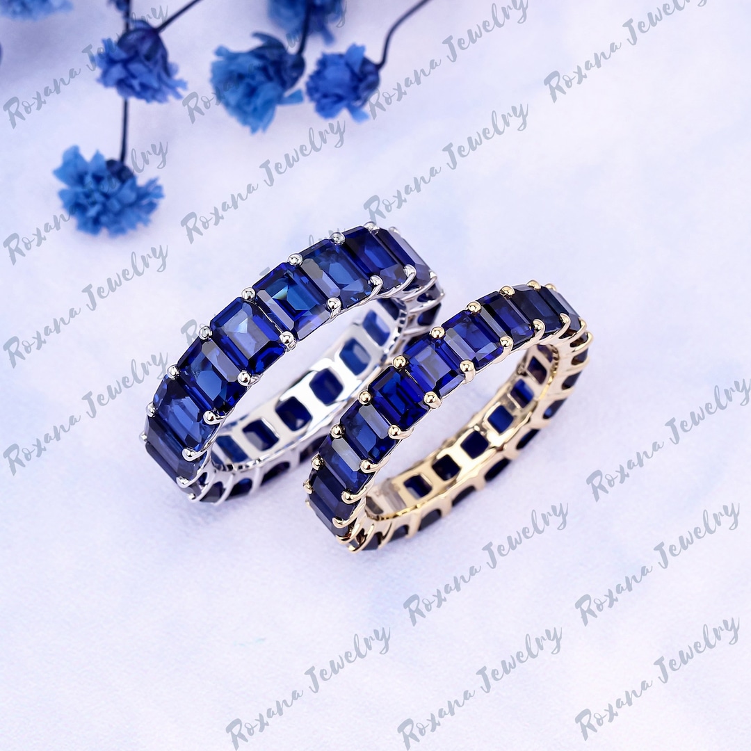 Blue Sapphire Full Eternity Wedding Band Solid 14k Yellow Gold Emerald ...
