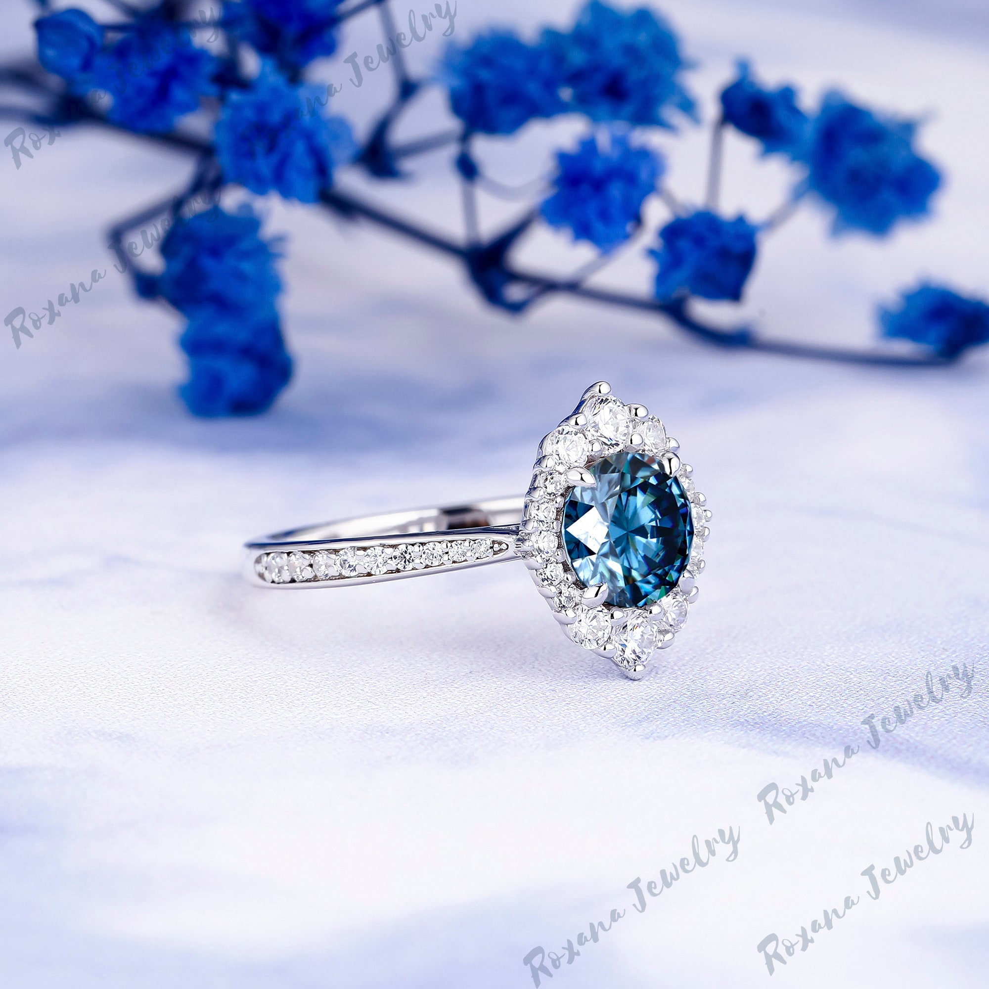 Blue Grey Moissanite Engagement Ring Solid White Gold Moissanite Halo ...