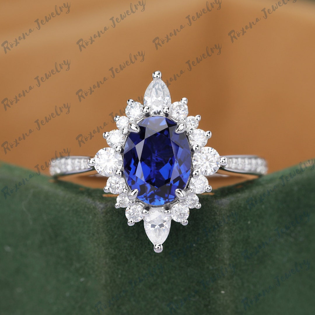 Oval Cut Sapphire Ring Solid Gold Bridal Ring Moissanite Halo Starburst ...