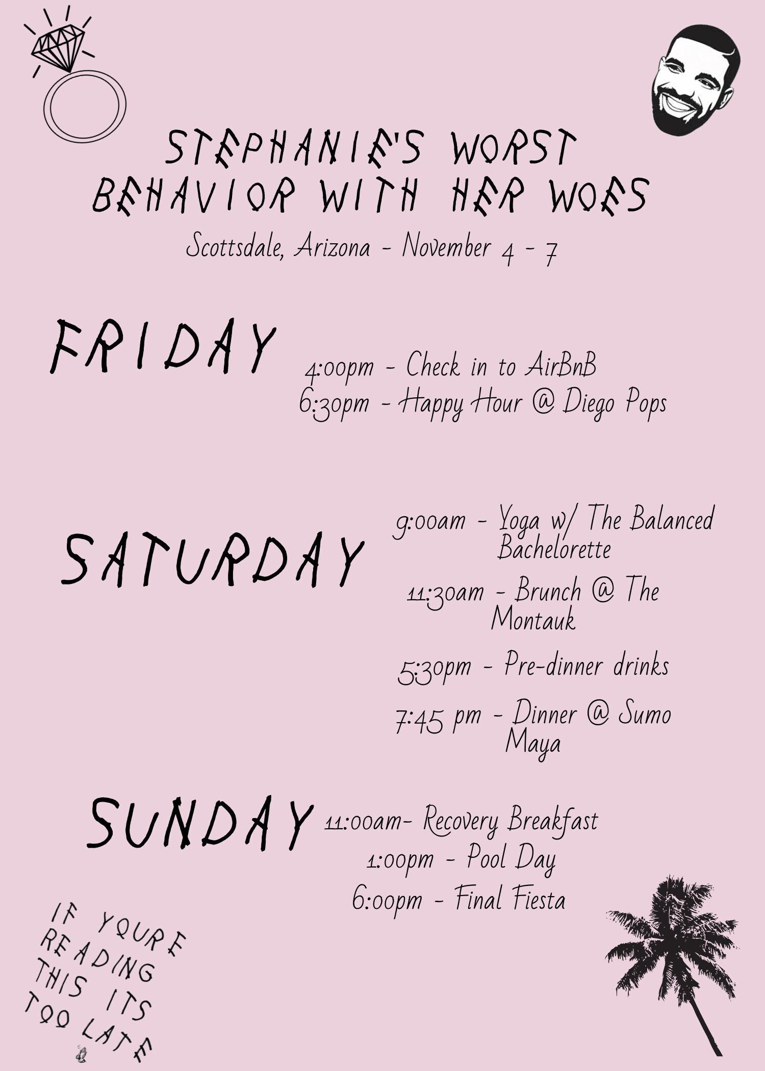Drake Themed Bachelorette Party Itinerary, Bachelorette Itinerary ...