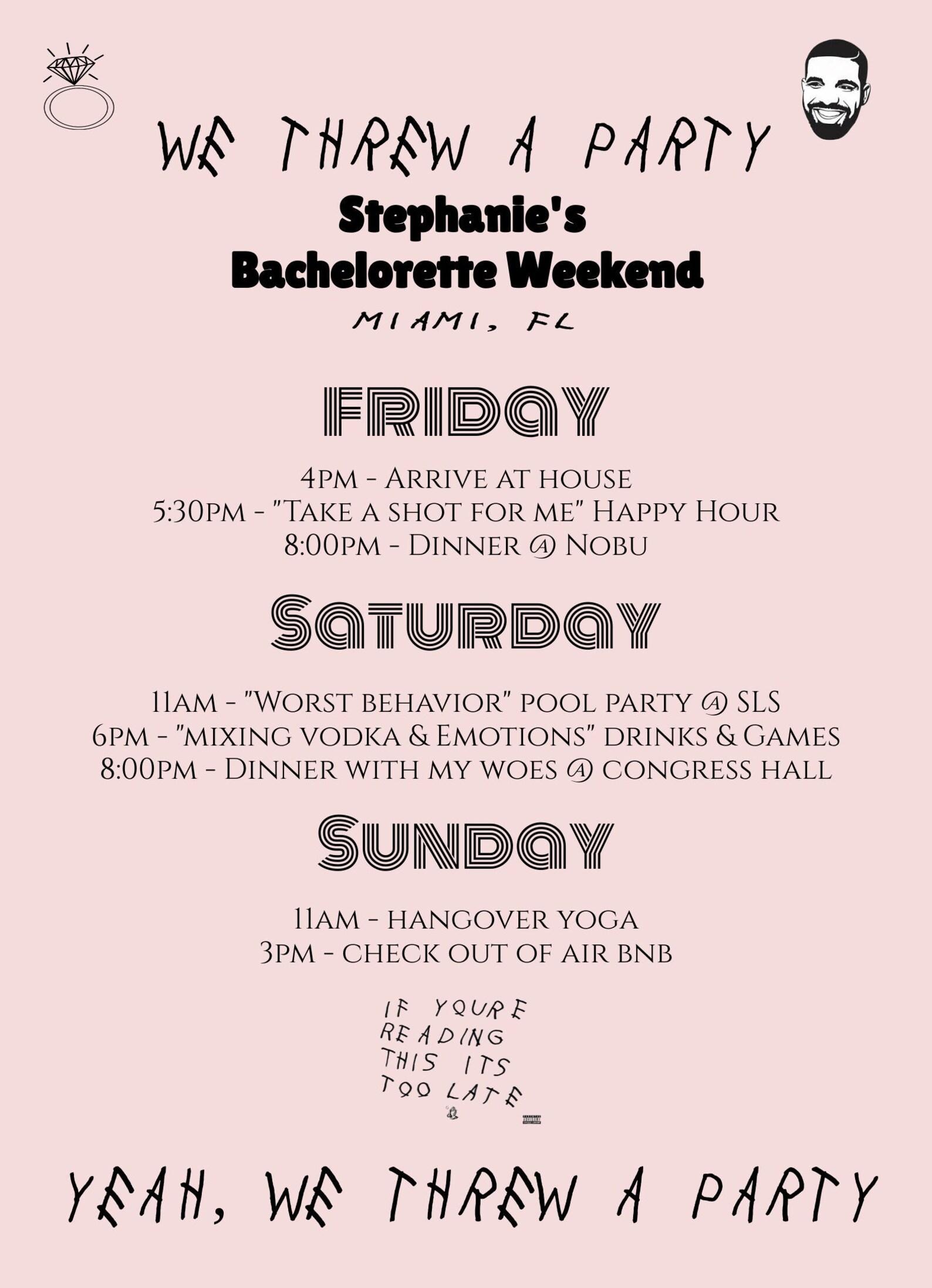 Drake Themed Bachelorette Party Itinerary, Bachelorette Itinerary ...