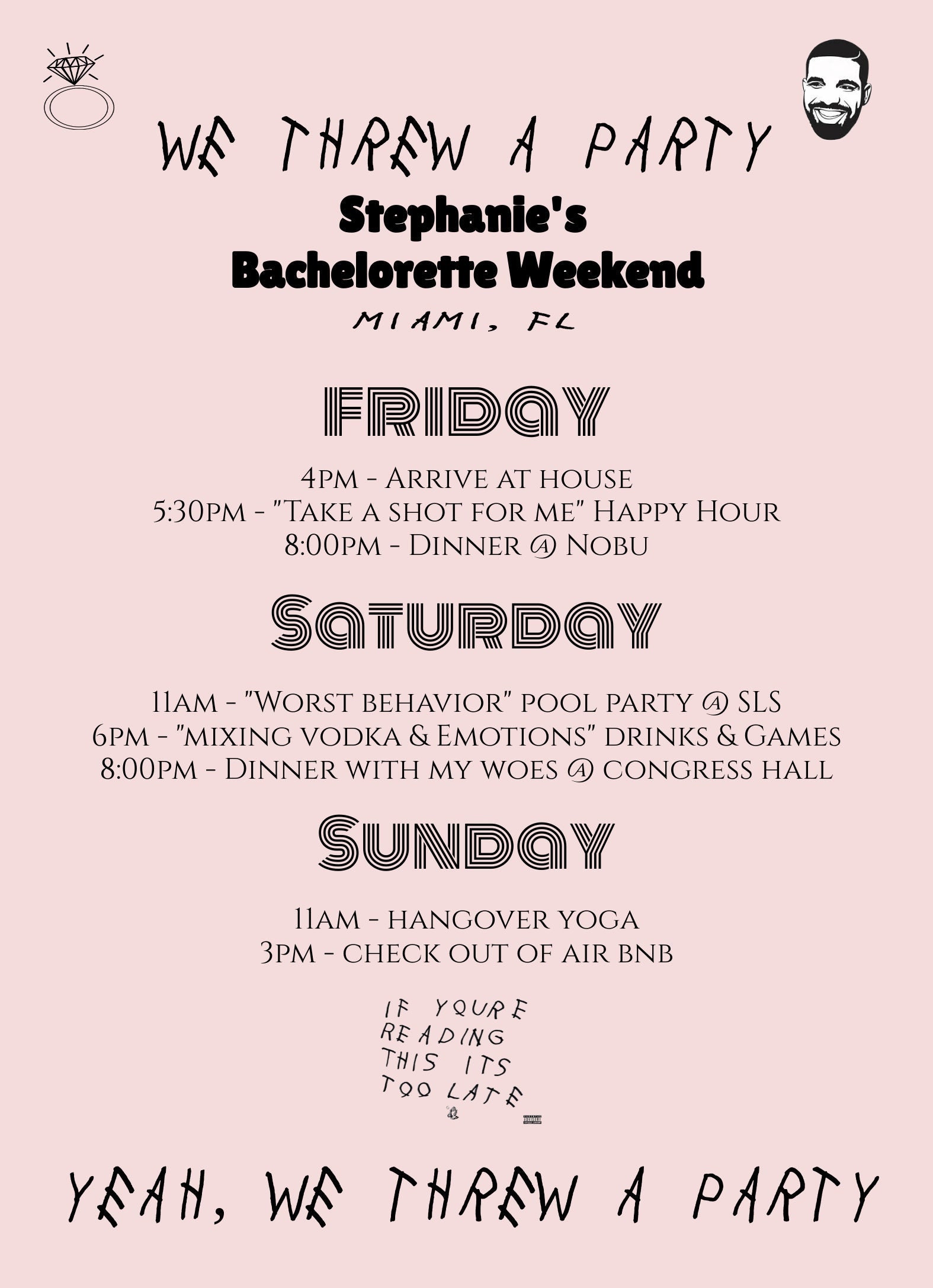 Drake Themed Bachelorette Party Itinerary, Bachelorette Itinerary ...