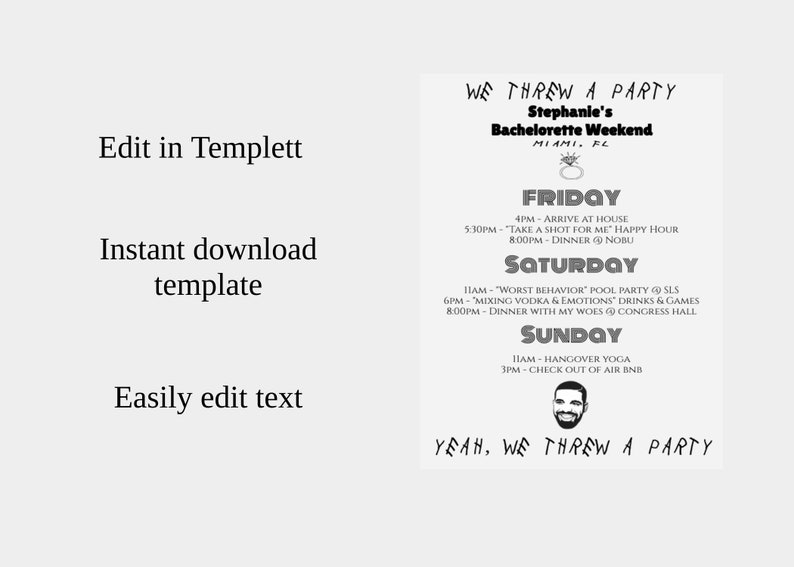 Drake Themed Bachelorette Party Itinerary, Bachelorette Itinerary ...