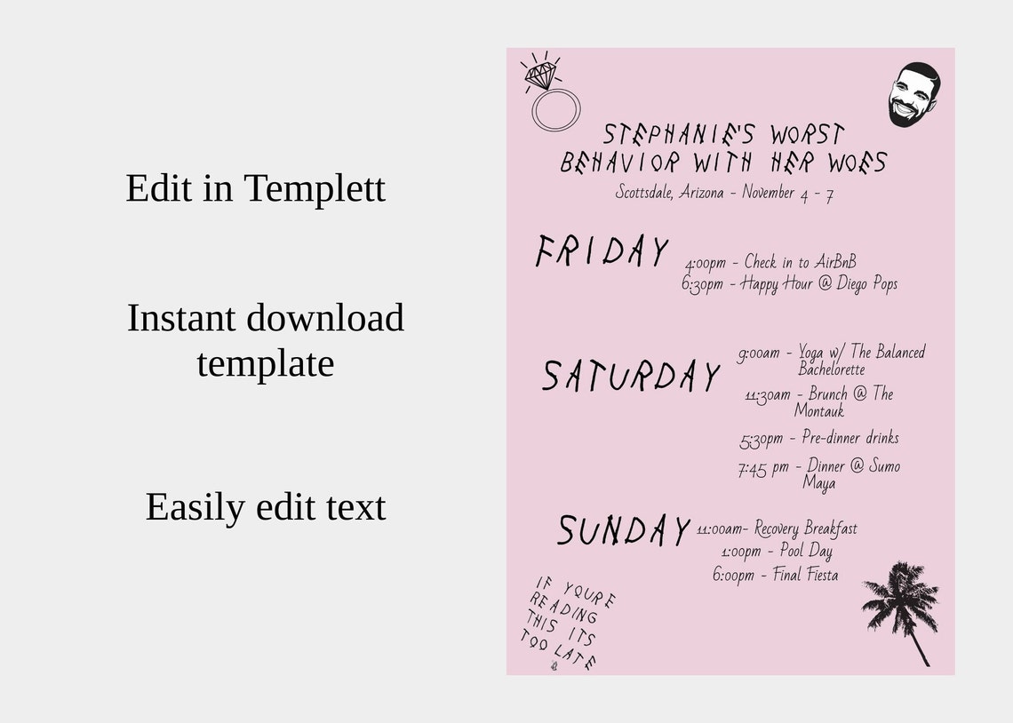 Drake Themed Bachelorette Party Itinerary, Bachelorette Itinerary ...