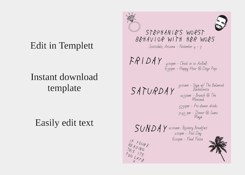 Drake Themed Bachelorette Party Itinerary, Bachelorette Itinerary ...