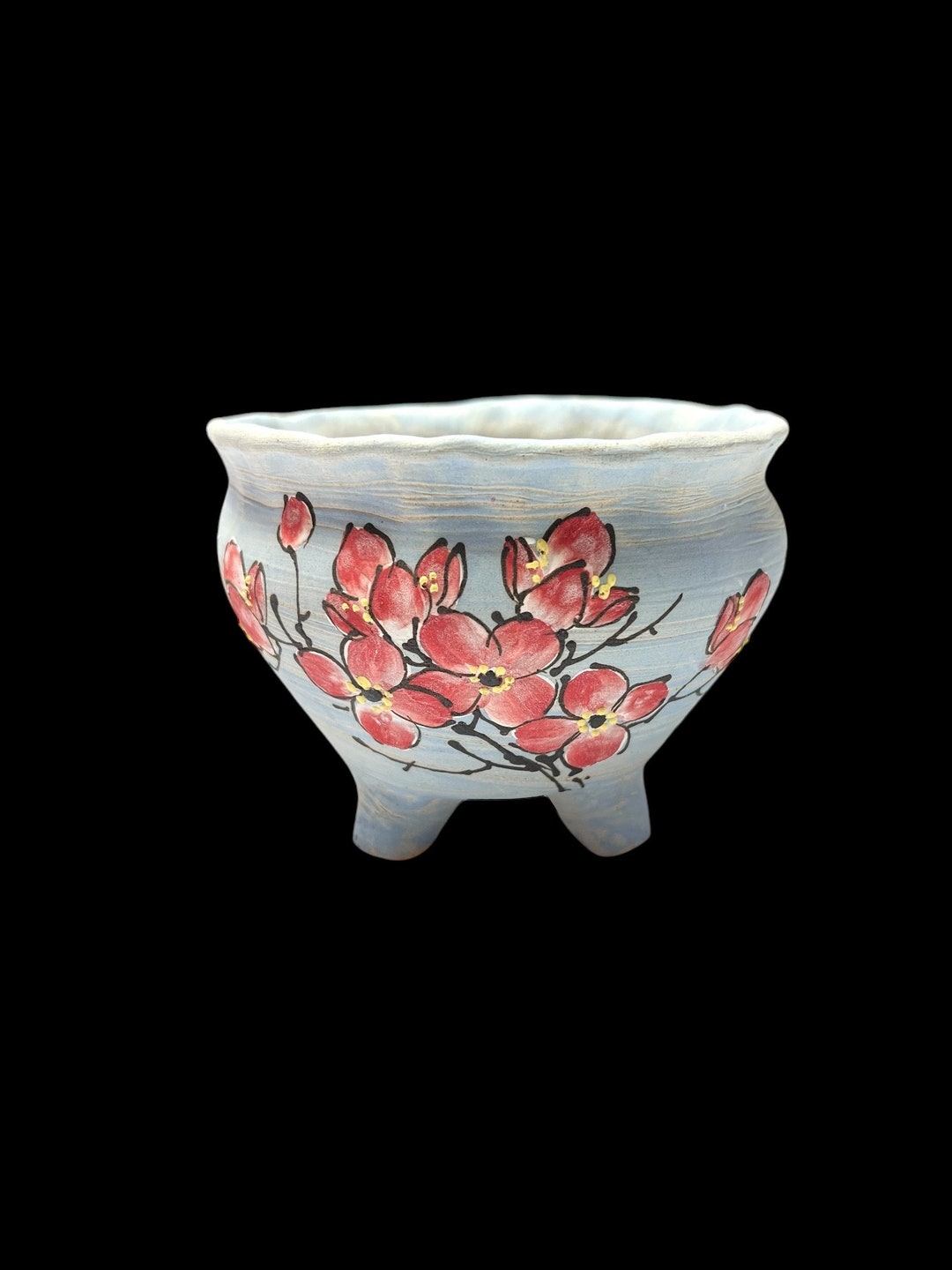 Handmade Round Blue Pot With Flower, High Quality Korean Pottery, Great ...