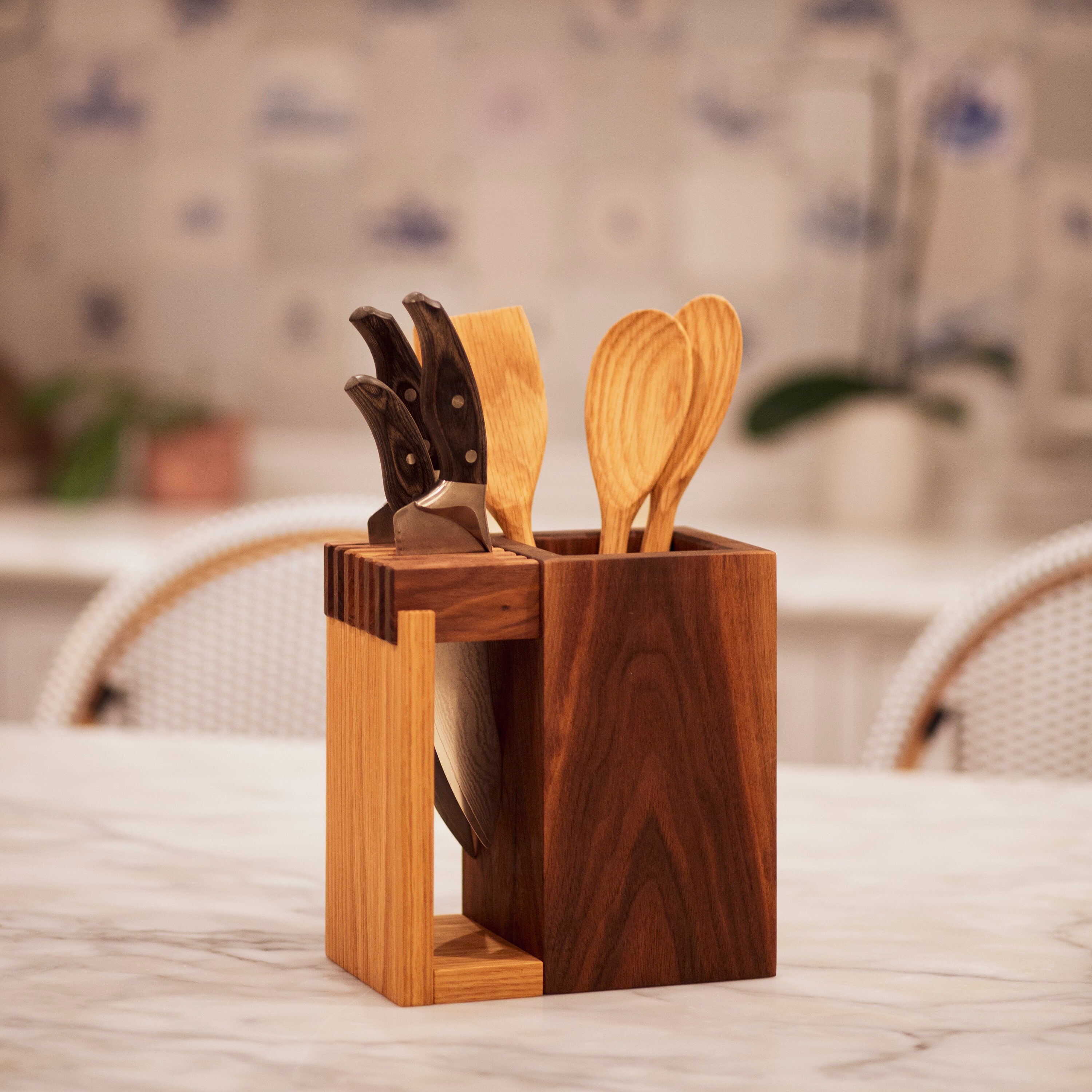 Wooden Walnut and Oak Knife Block and Kitchen Utensil Holder - Etsy