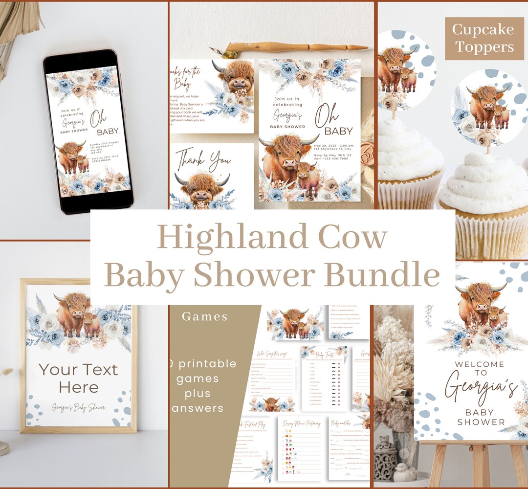 Highlander Cow Baby Shower Bundle, Highland Cow Baby Shower Sign, Boho ...