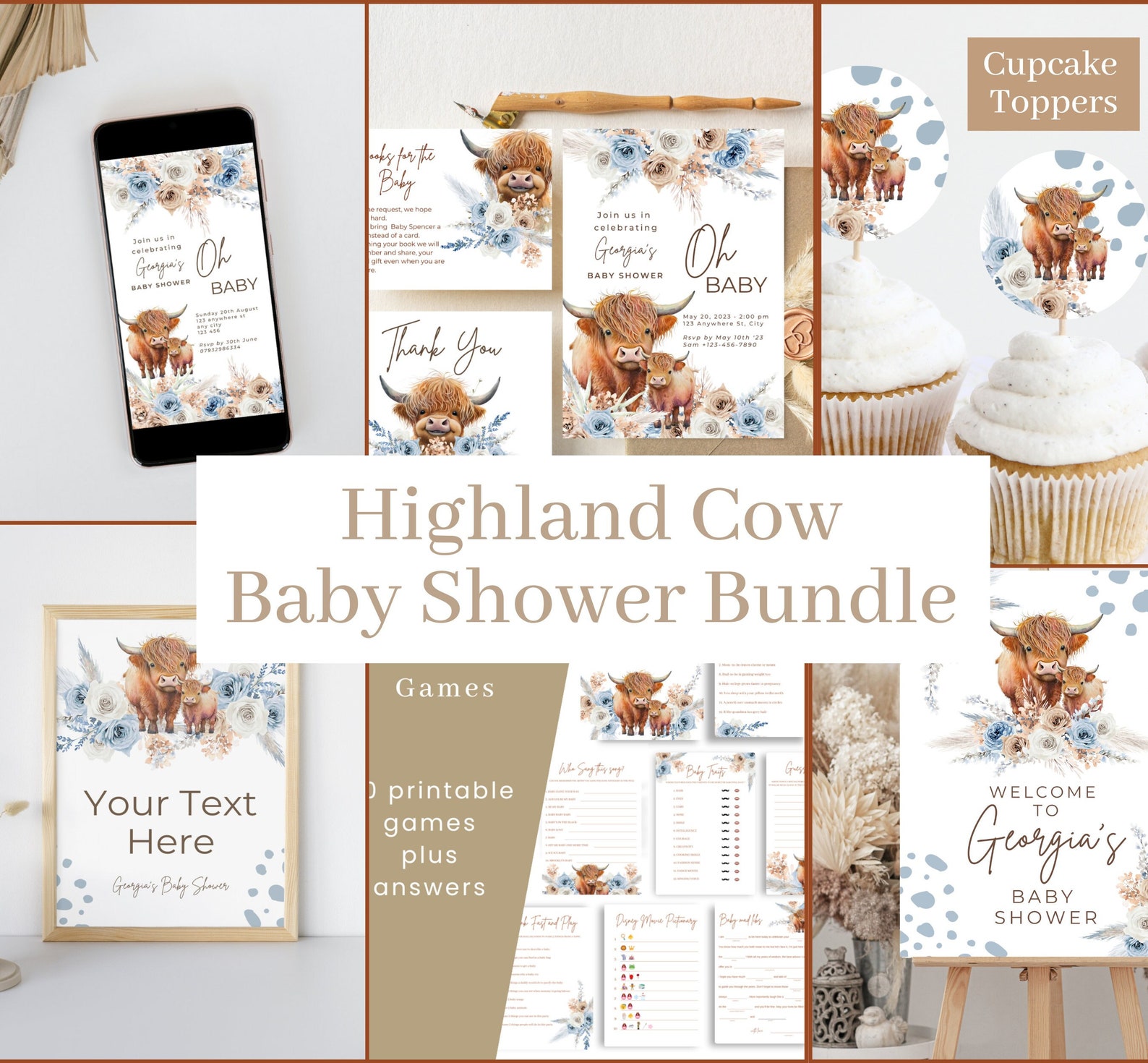 Highlander Cow Baby Shower Bundle, Highland Cow Baby Shower Sign, Boho ...