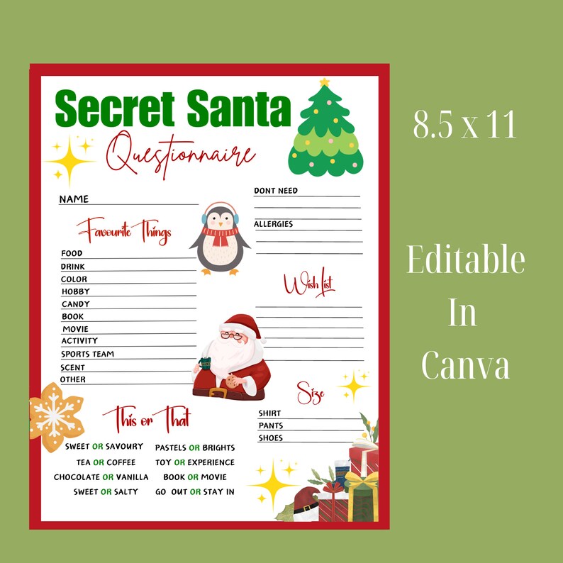 Secret Santa Questionnaire Printable Co Workers, Editable Secret Santa ...