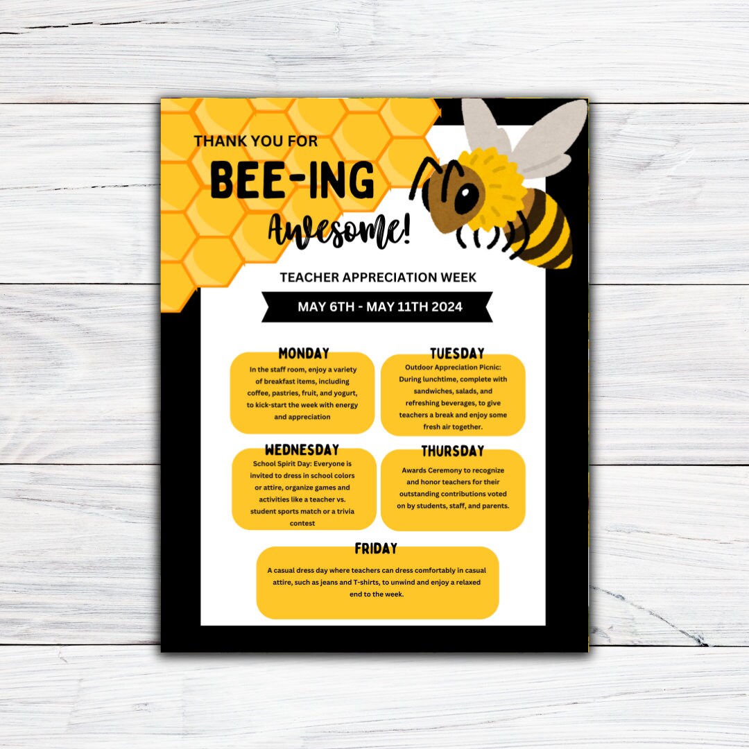 Bee Themed Teacher Appreciation Week, Appreciation Week Flyer Canva ...