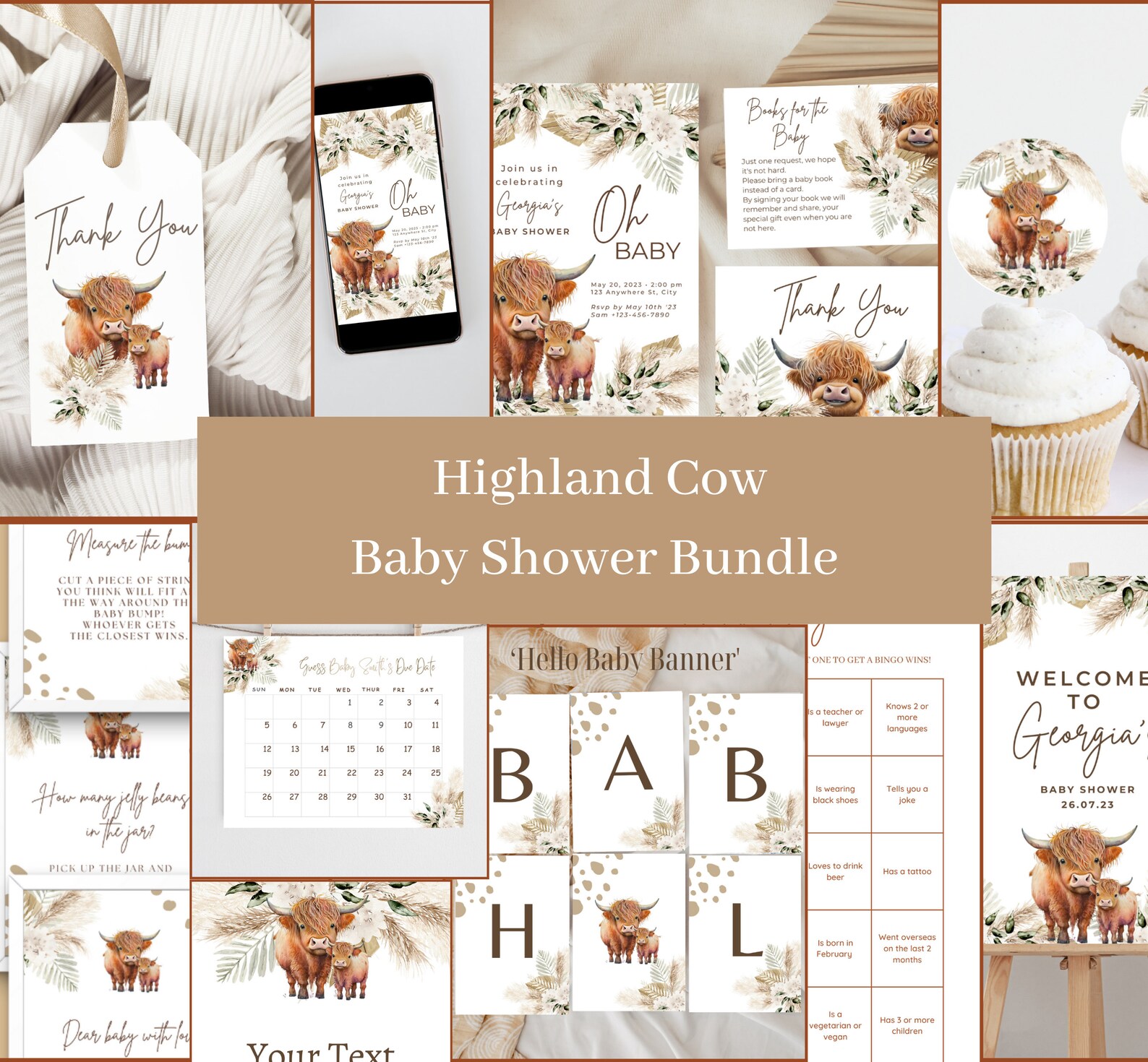 Highlander Cow Baby Shower Bundle, Highland Cow Baby Shower Sign, Boho ...