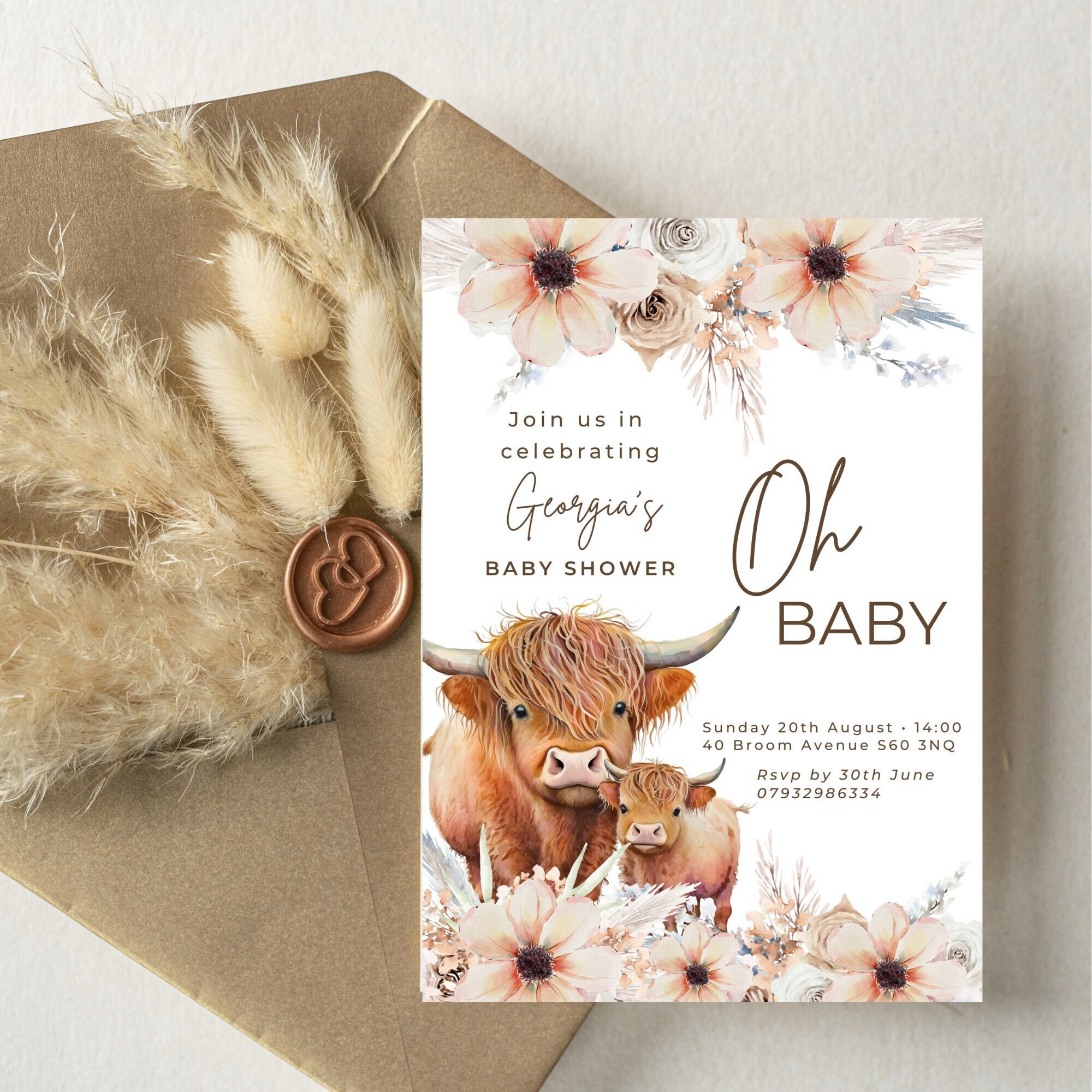 Highlander Cow Baby Shower Invitation, Boho Highland Cow Baby Shower ...