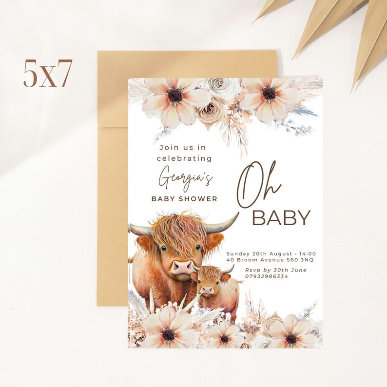 Highlander Cow Baby Shower Invitation, Boho Highland Cow Baby Shower ...