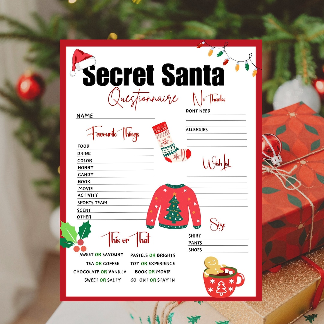 Secret Santa Questionnaire Printable Co Workers, Editable Secret Santa ...