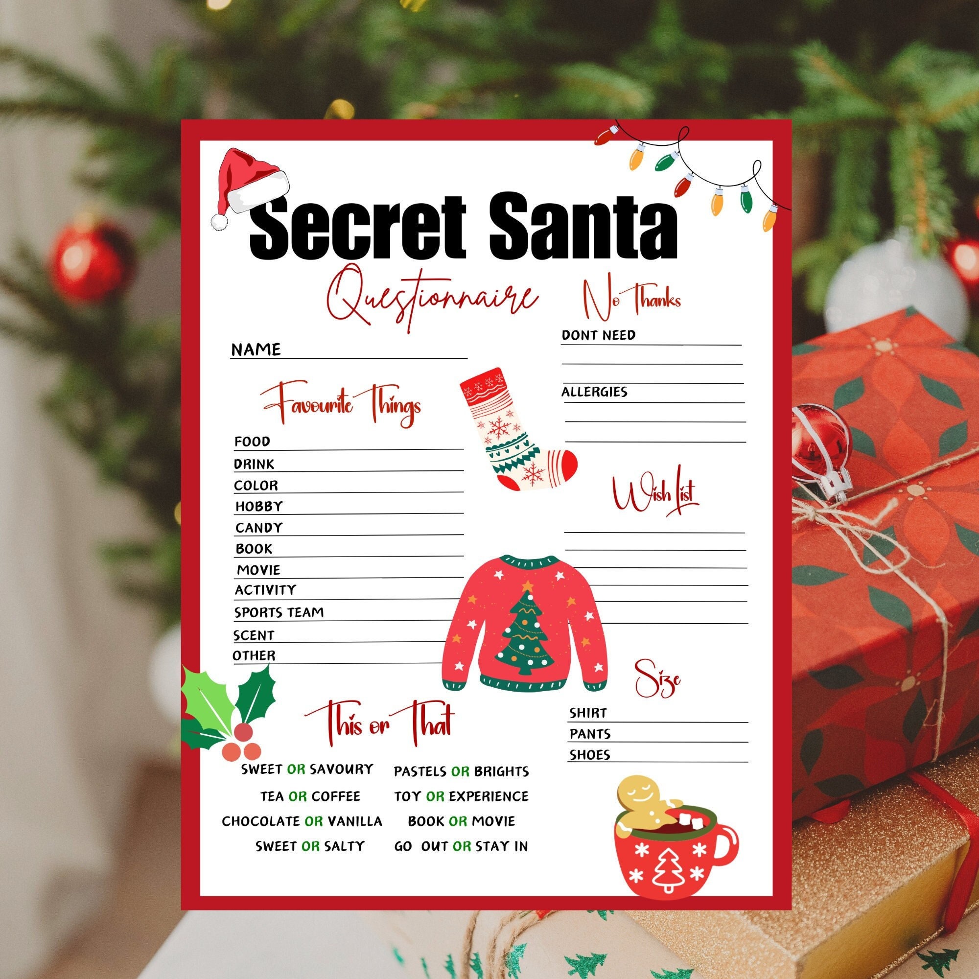 Secret Santa Questionnaire Printable Co Workers Editable - Etsy