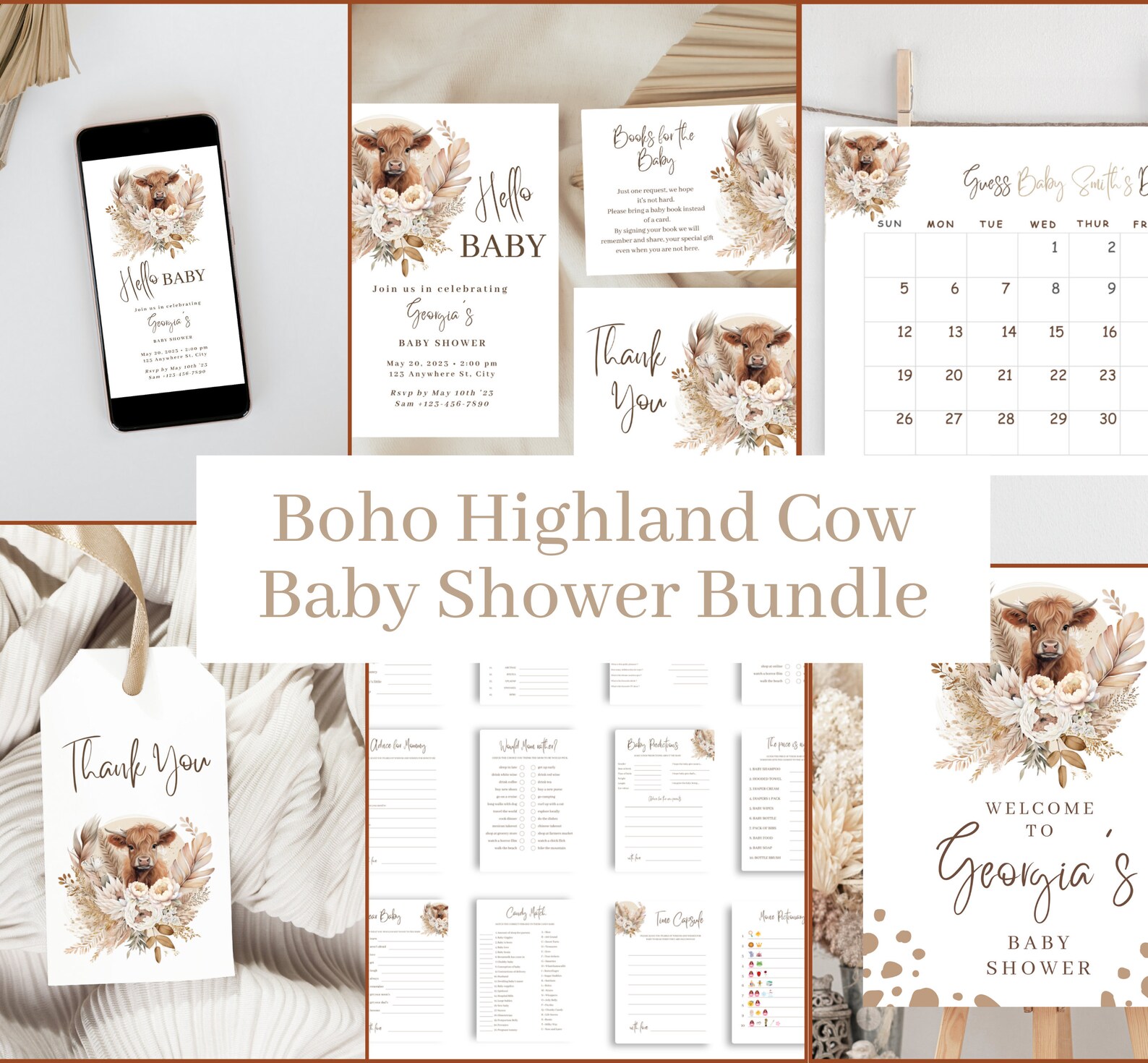 Highlander Cow Baby Shower Bundle, Highland Cow Baby Shower Sign, Boho ...