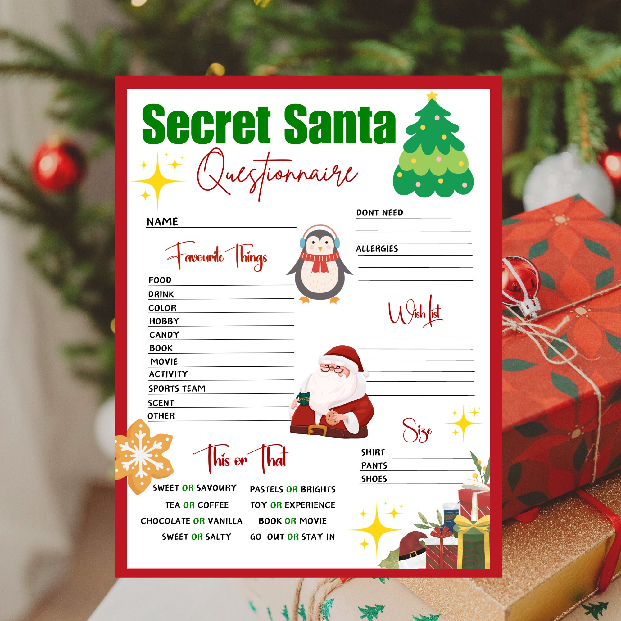 Secret Santa Questionnaire Printable Co Workers, Editable Secret Santa ...