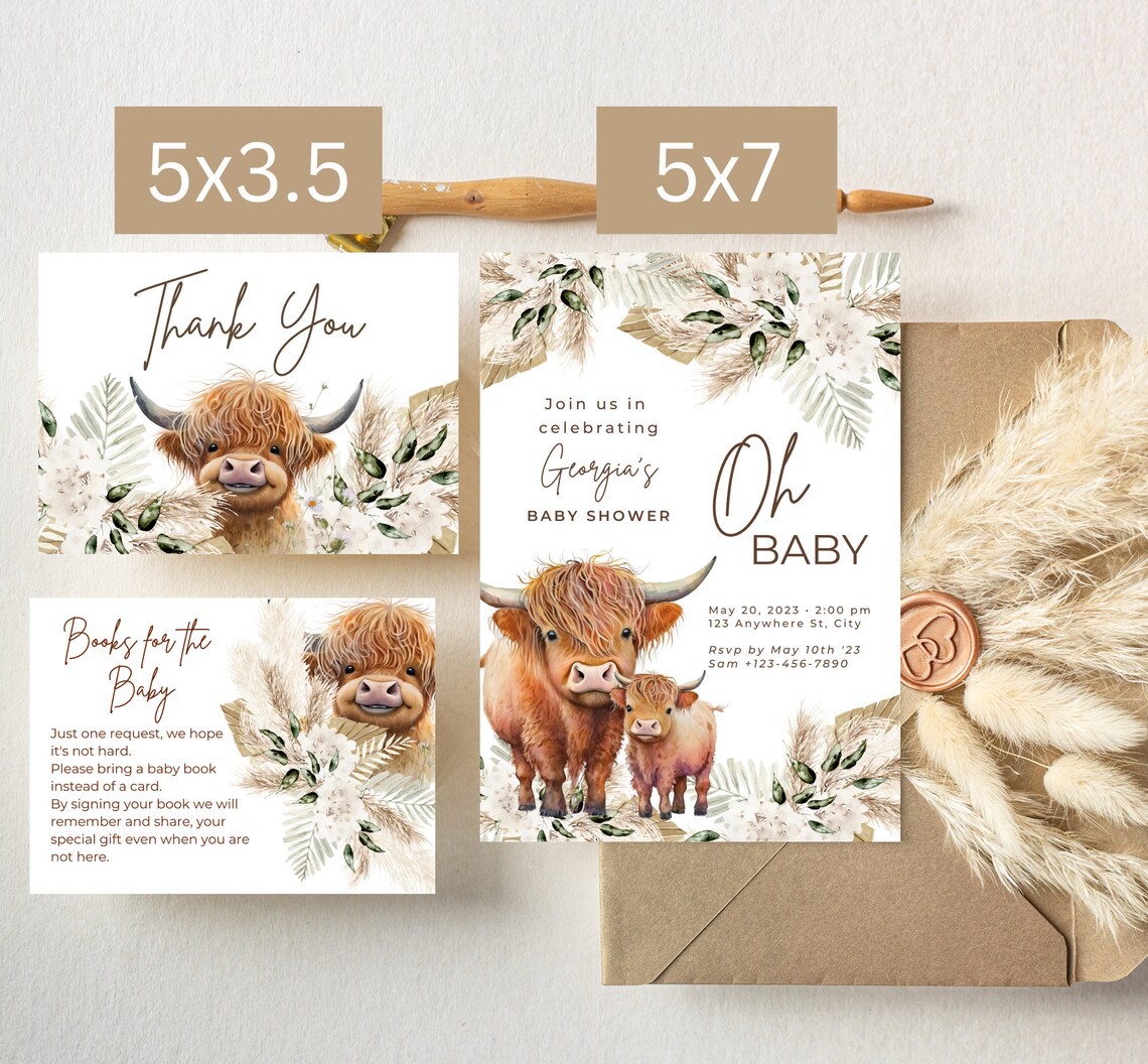 Highlander Cow Baby Shower Invitation, Boho Highland Cow Baby Shower ...
