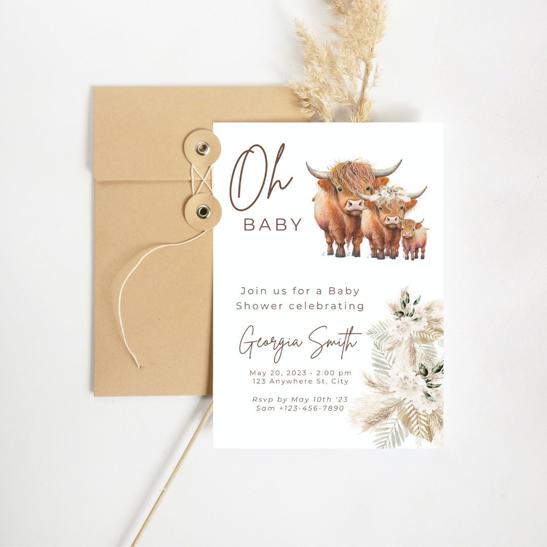 Gender Neutral, Boho Highland Cow Baby Shower Invitation, Baby Calf ...
