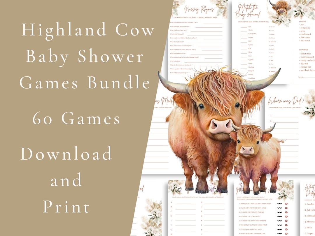 Highland Cow Baby Shower Games, Boho Cow Baby Shower Game Bundle ...