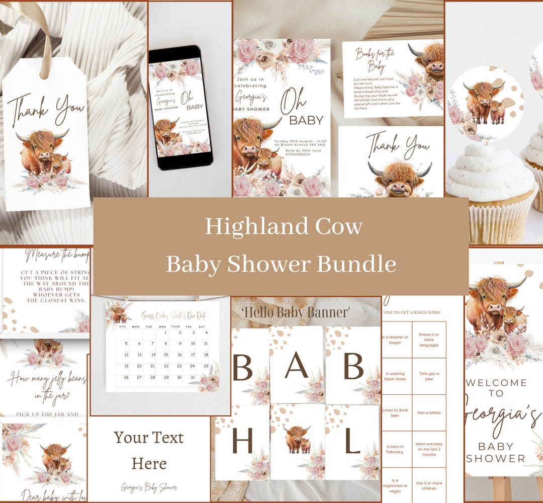 Highlander Cow Baby Shower Bundle, Highland Cow Baby Shower Sign, Boho ...