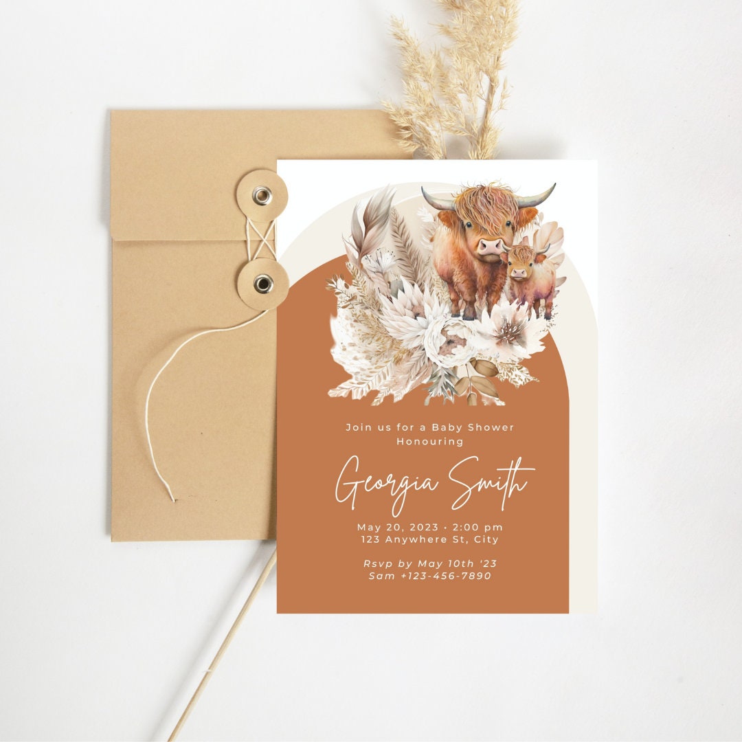 Invitaciones imprimibles de baby shower Highland Cow, Highlander Cow ...