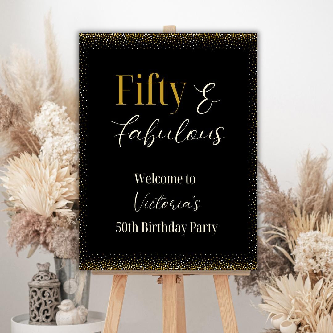 50th Birthday Welcome Sign, Printable Rose Gold, Fifty and Fabulous ...