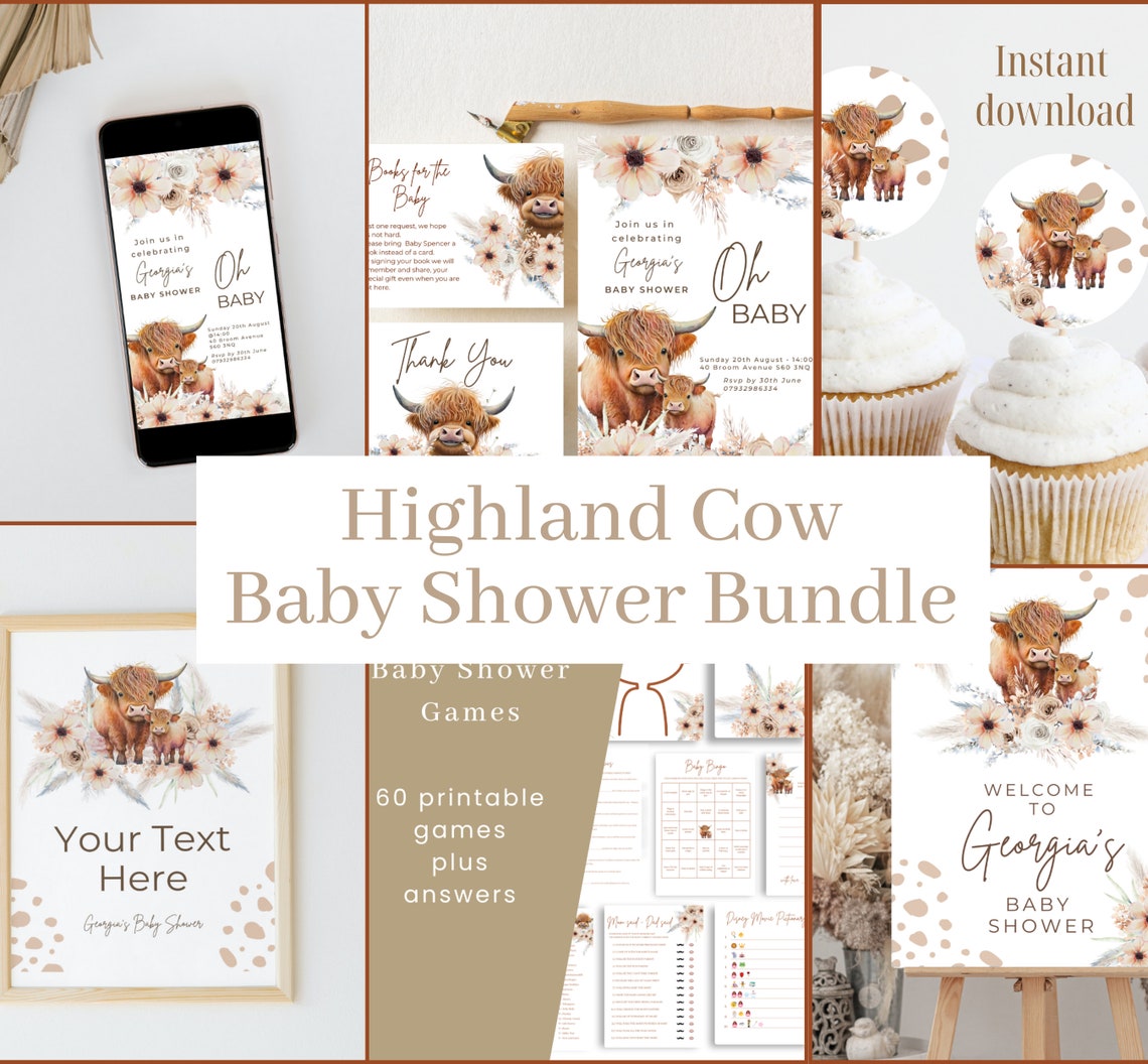 Highlander Cow Baby Shower Bundle, Highland Cow Baby Shower Sign, Boho ...