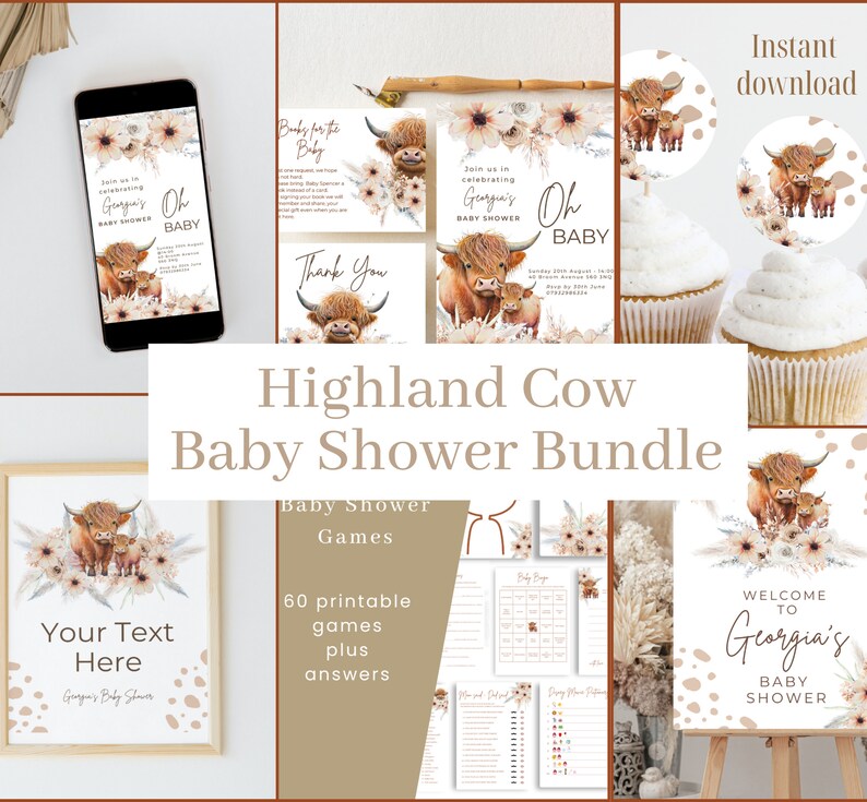 Highlander Cow Baby Shower Bundle, Highland Cow Baby Shower Sign, Boho ...