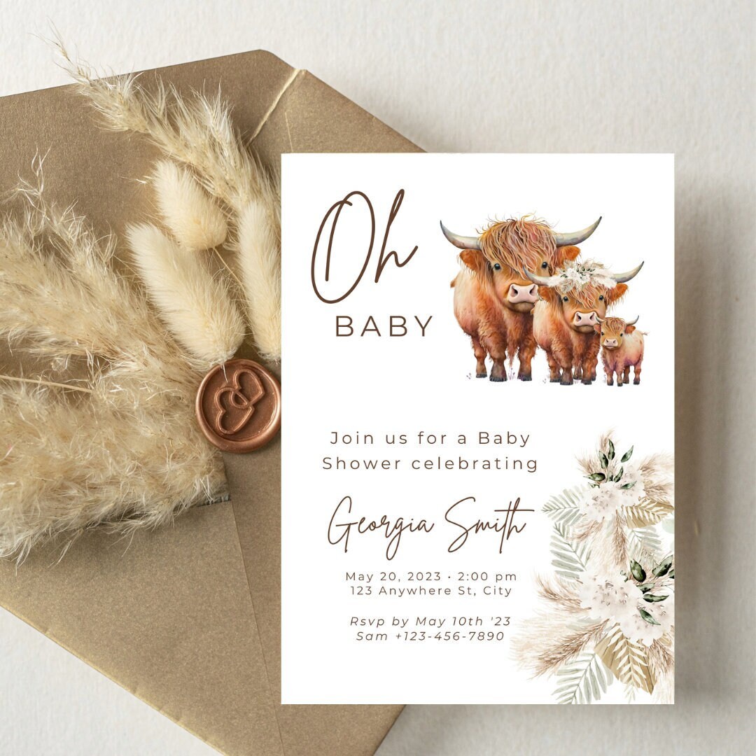Gender Neutral, Boho Highland Cow Baby Shower Invitation, Baby Calf ...