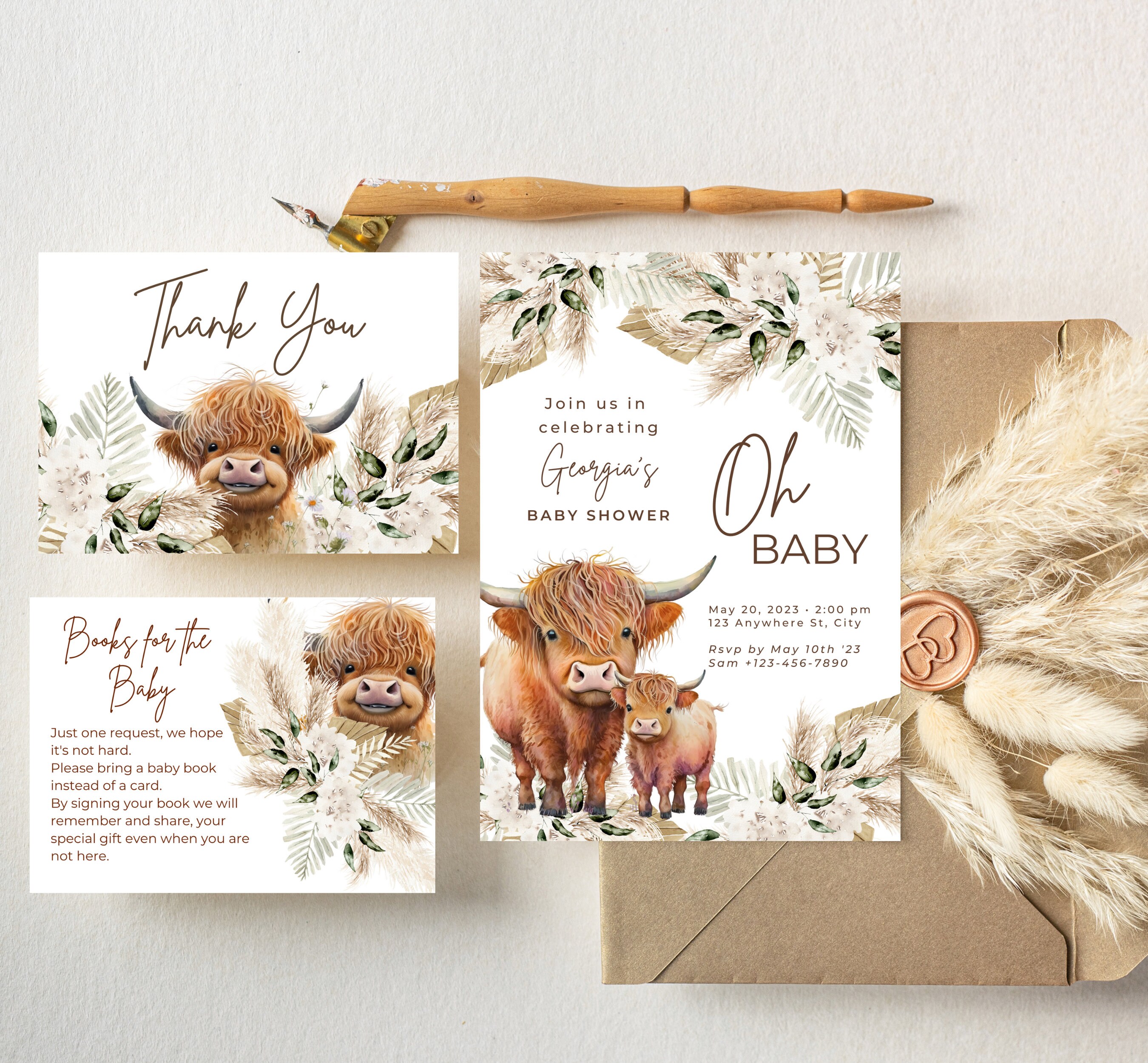 Highlander Cow Baby Shower Invitation, Boho Highland Cow Baby Shower ...